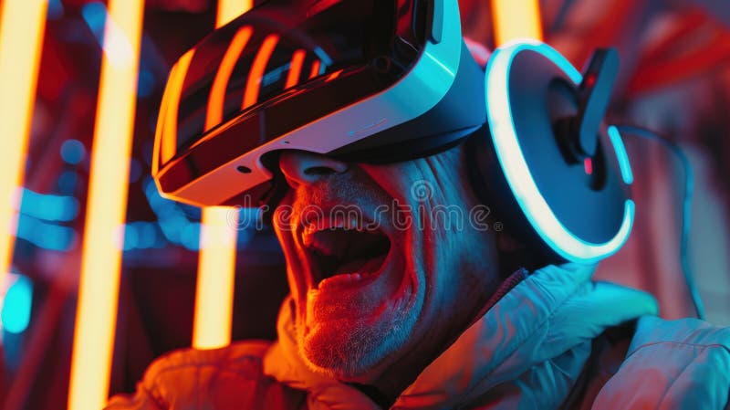 Man Immersed in Virtual Reality Gaming with Bright Neon Lights Stock ...