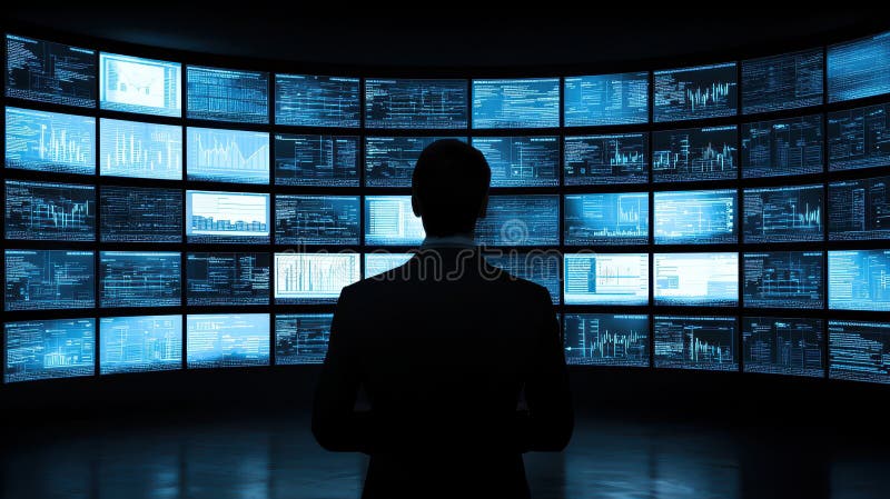 Man Immersed in a Wall of Television Screens, Captivating Display of ...