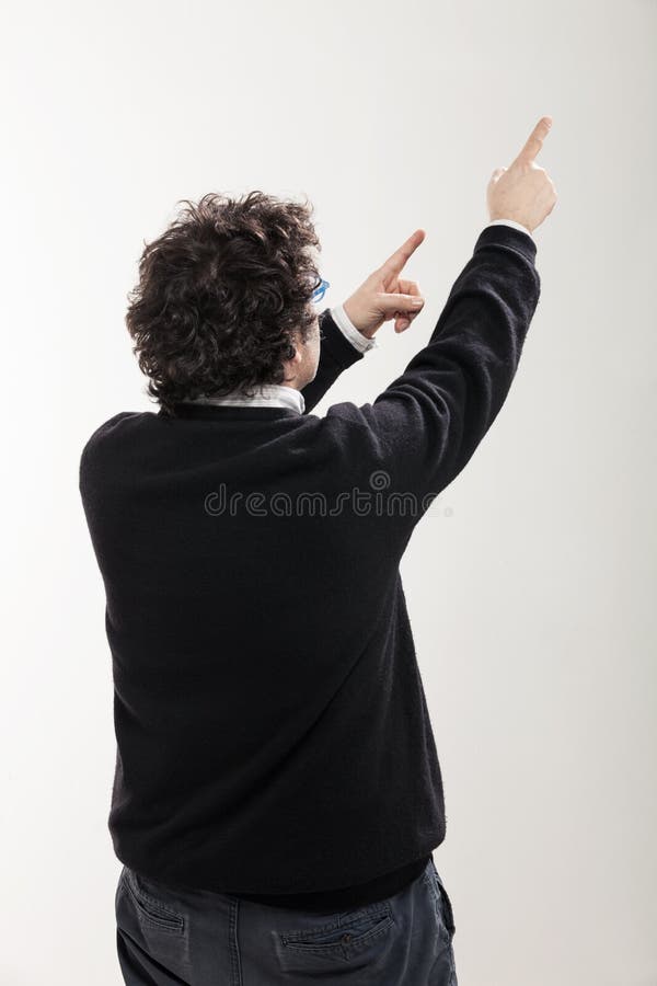 Man Indicates a Point at the Top Stock Photo - Image of head, clothing ...
