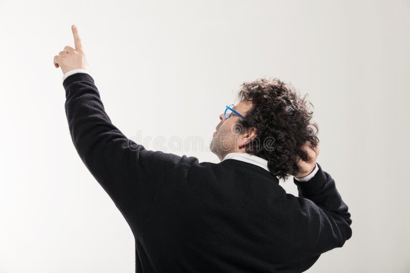 Man Indicates a Point at the Top Stock Photo - Image of isolated, hand ...