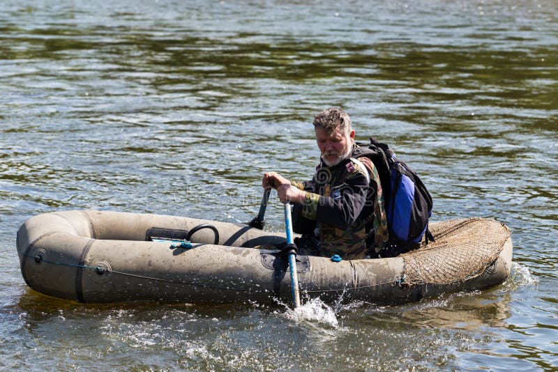 Man in an Inflatable Boat Floats on River Stock Image - Image of ...