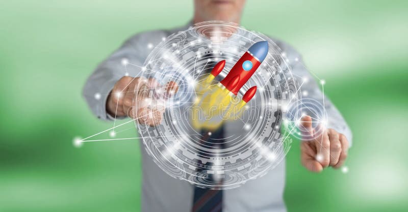 Man Touching a High Technology Startup Stock Photo - Image of future ...