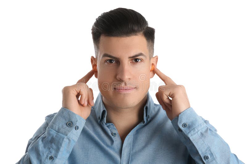 Man Inserting Foam Ear Plugs on White Background Stock Image - Image of ...