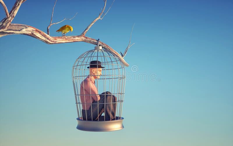 Man Inside a Bird Cage with a Yellow Bird Out Stock Illustration ...