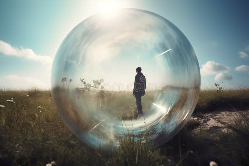 Man Inside a Crystal Ball on the Grassy Field and Blue Sky Stock ...