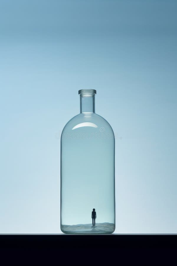 A Man Inside a Glass Bottle on a Blue Background. Vertical Orientation ...