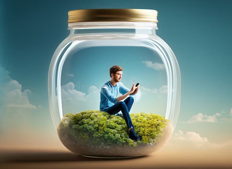 Man Inside a Jar Using a Cell Phone, Conceptual Image - Generated by Ai ...