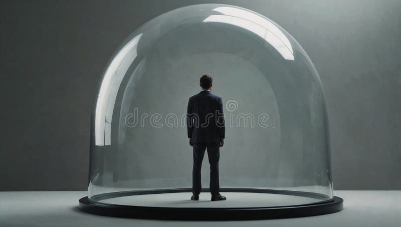 Man Inside a Plain Glass Dome on a Vast, Empty White Surface ...