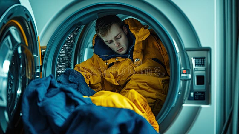 Man Inside Washing Machine, Cleaning Clothes. Laundry Day Concept Stock ...
