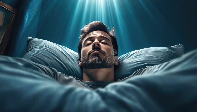 A Man with Insomnia Lying Awake in Bed, Illuminated by a Soft Blue ...