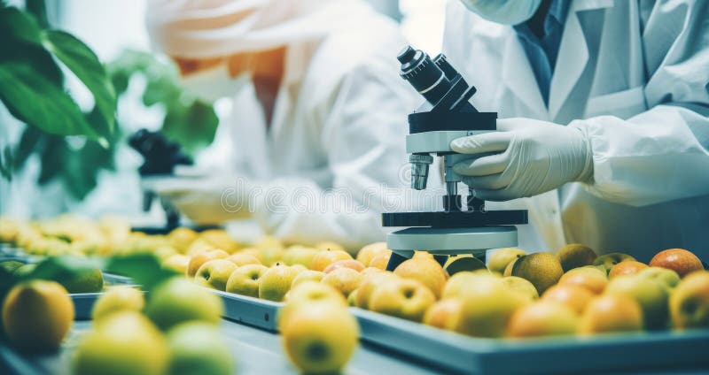 Man Inspecting Apple Quality Under a Microscope in a Food Quality ...