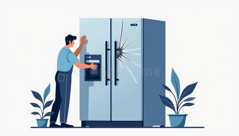 Man Inspecting Broken Refrigerator Against Minimalistic Backdrop Stock ...