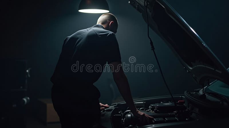 Man Inspecting Car Engine Under Hood Stock Illustration - Illustration ...