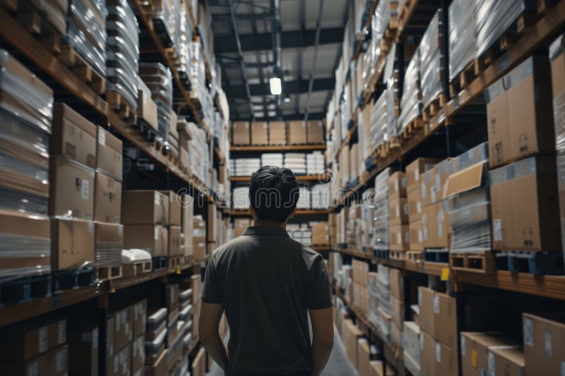 Man Inspecting Shelves in a Large, Well-organized Warehouse Full of ...