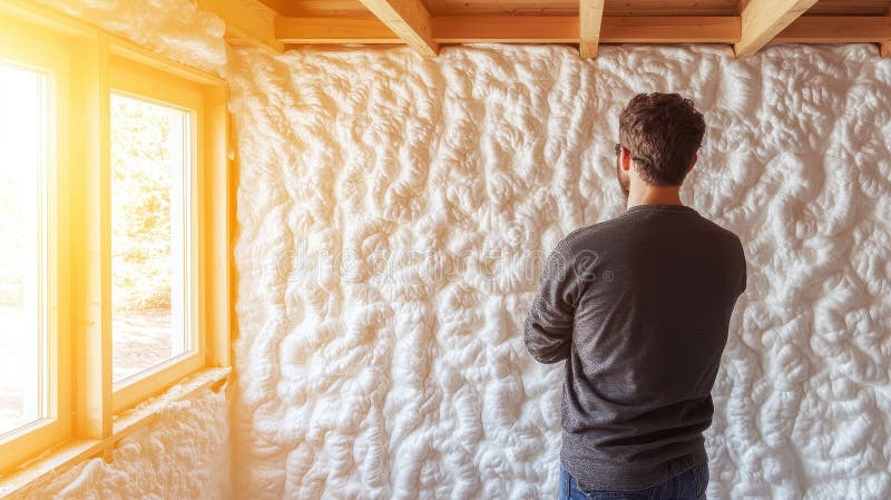 Man Inspecting Spray Foam Insulation in New Home Construction Stock ...