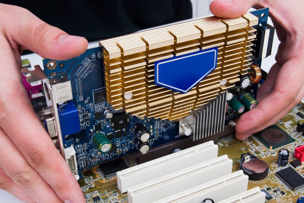 Man install GPU hardware. stock photo. Image of motherboard - 33275210