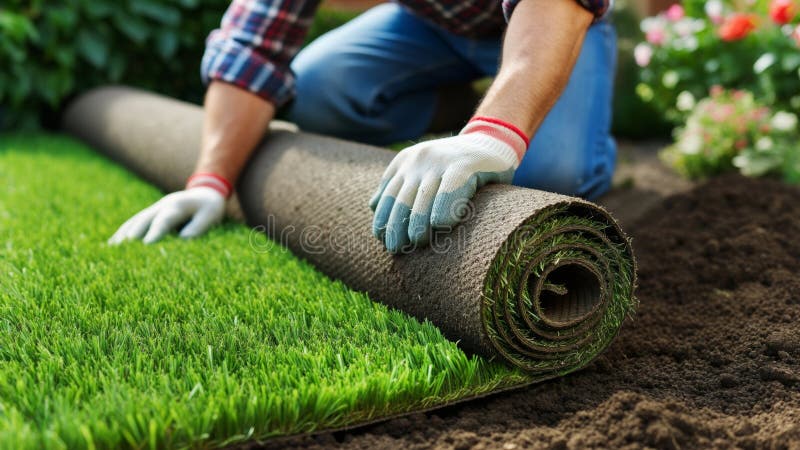 Man Installing Artificial Grass at Garden Stock Illustration ...