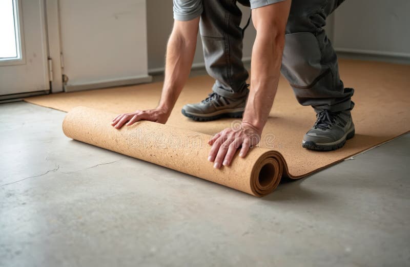 Man Installing Cork Underlayment for Flooring. Home Renovation ...