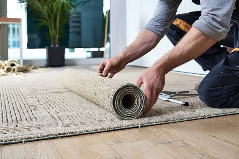 A Man is Installing a Rug on the Floor Stock Photo - Image of wood ...