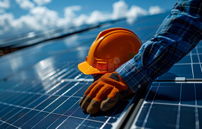 Man is Installing Solar Panels on Roof. Stock Image - Image of helmet ...