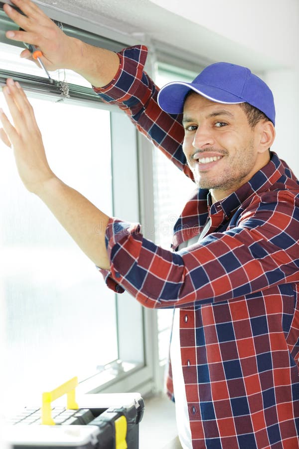Man Installing Window Blinds Stock Image - Image of service, fixing ...