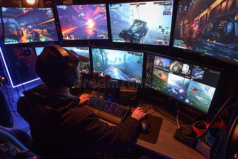 A Man Intensely Focused on Playing a Computer Game in a Modern Setting ...