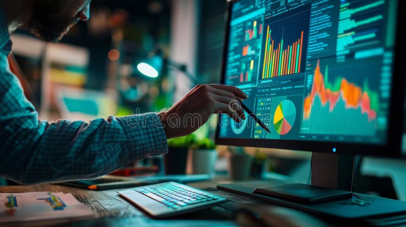 A Man is Intently Looking at a Computer Screen Displaying Several Graphs Stock Image - Image of ...