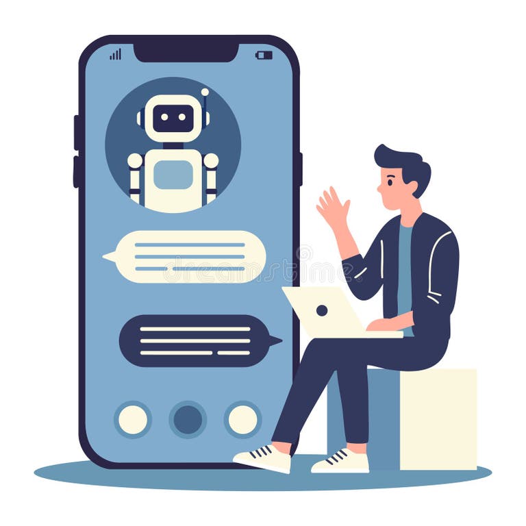 Man Interacting with AI Chatbot on Smartphone. Artificial Intelligence, Virtual Assistants, and ...