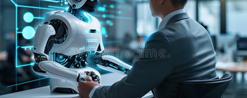 Man Interacting with AI Robot in Modern Office. AI Generative Stock ...