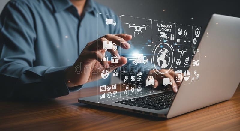 Man Interacting with Automated Logistics Interface on Laptop for Supply ...