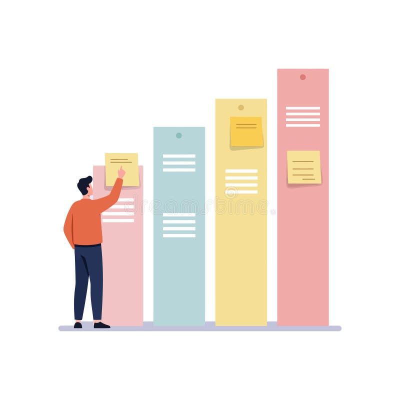 Man Interacting with Colorful Bar Chart in Flat Design Style Analyzing ...