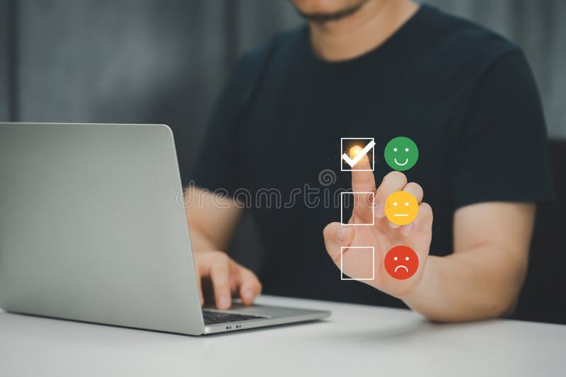 Man Interacting with Customer Satisfaction Interface on Digital Screen ...