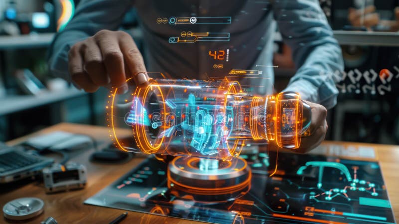 Man Interacting with 3D Model of a High-Tech Gadget in Augmented ...