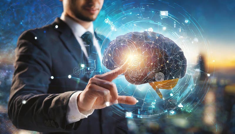 Man Interacting with a Digital Brain Illustration Stock Illustration ...