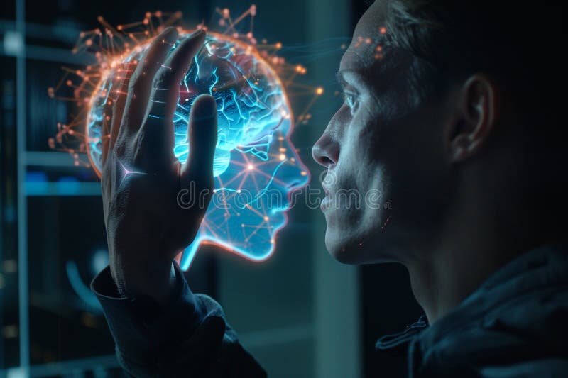 Man Interacting with Digital Brain Stock Illustration - Illustration of ...