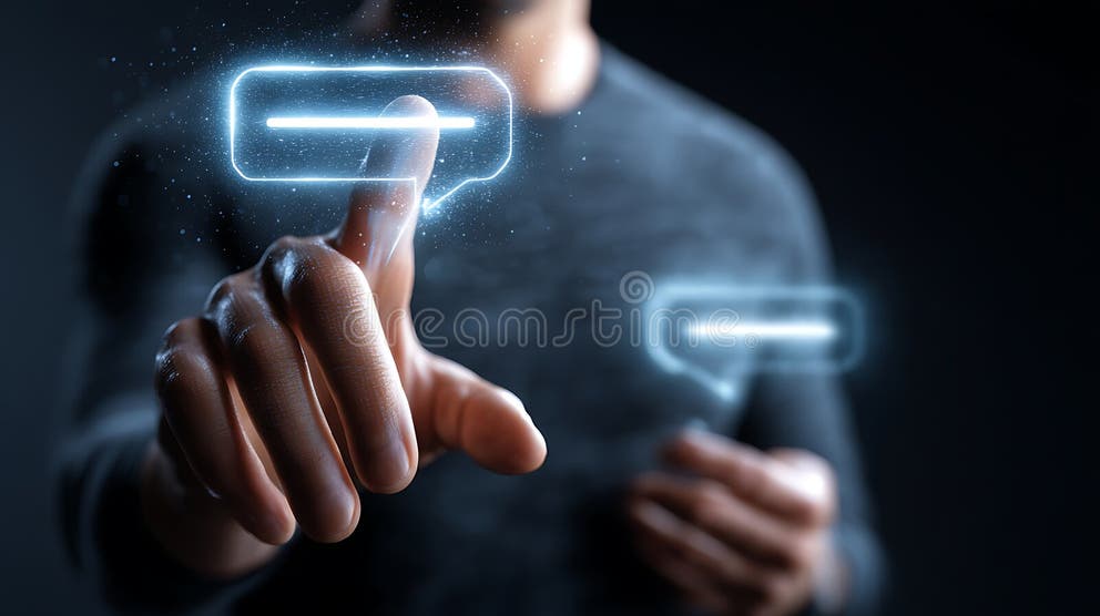 Man Interacting with Digital Chat Bubbles Using Touchscreen Technology Communication Innovation ...