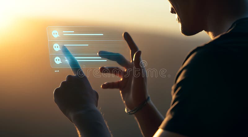 Man Interacting with Digital Chat Interface at Sunset Modern ...