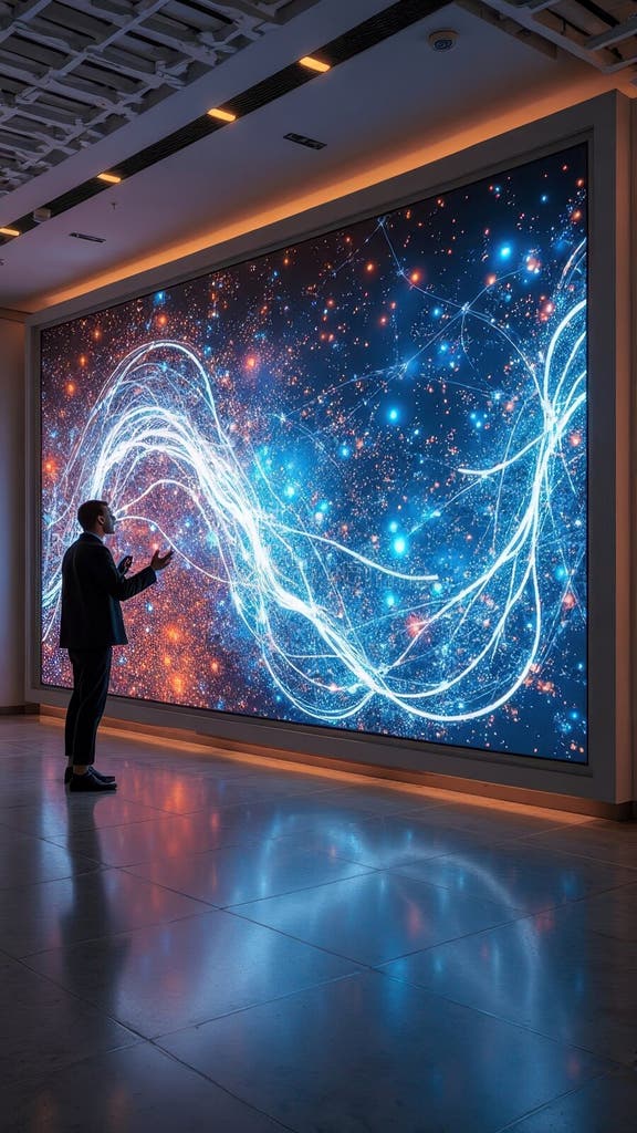 Man Interacting with Digital Cosmic Display in Modern Gallery Stock ...