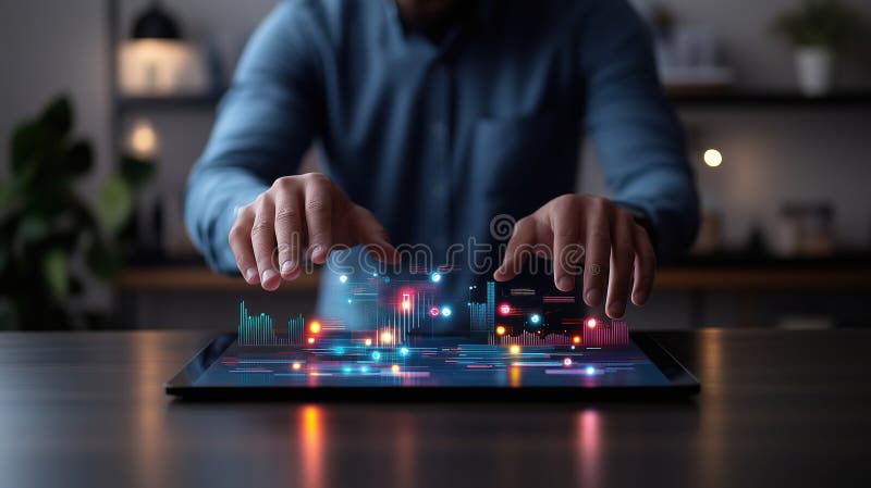 Man Interacting Digital Data Visualization Tablet Neon Glow Stock ...