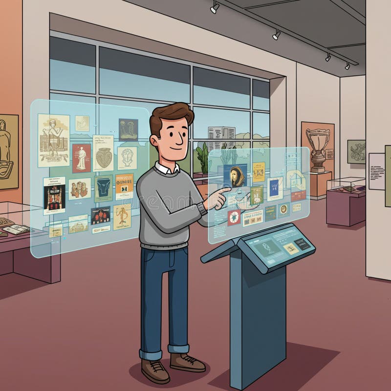 Man Interacting with a Digital Display in a Museum. he is Smiling ...