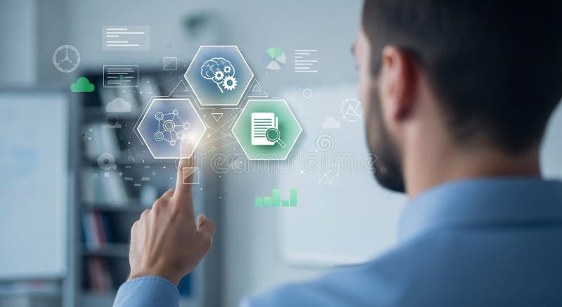 Man Interacting with Digital Interface Displaying Brain Document and ...