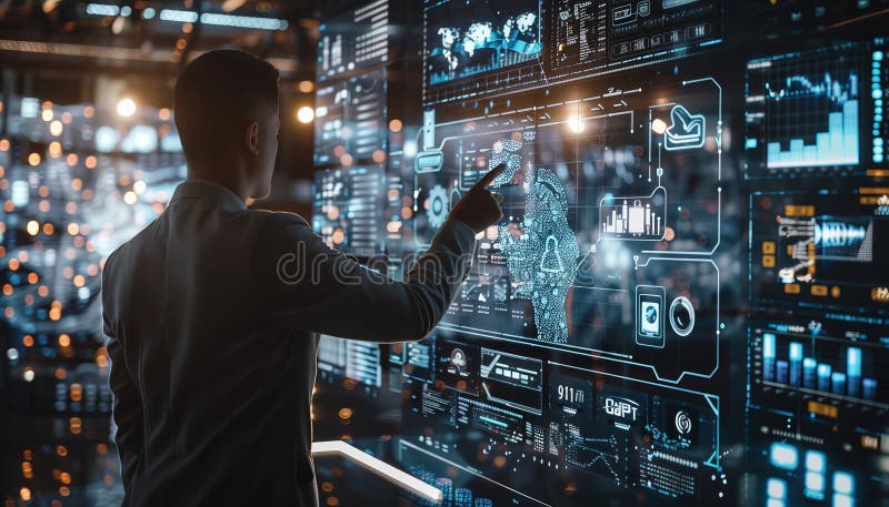 Man Interacting with Digital Interface Stock Illustration ...