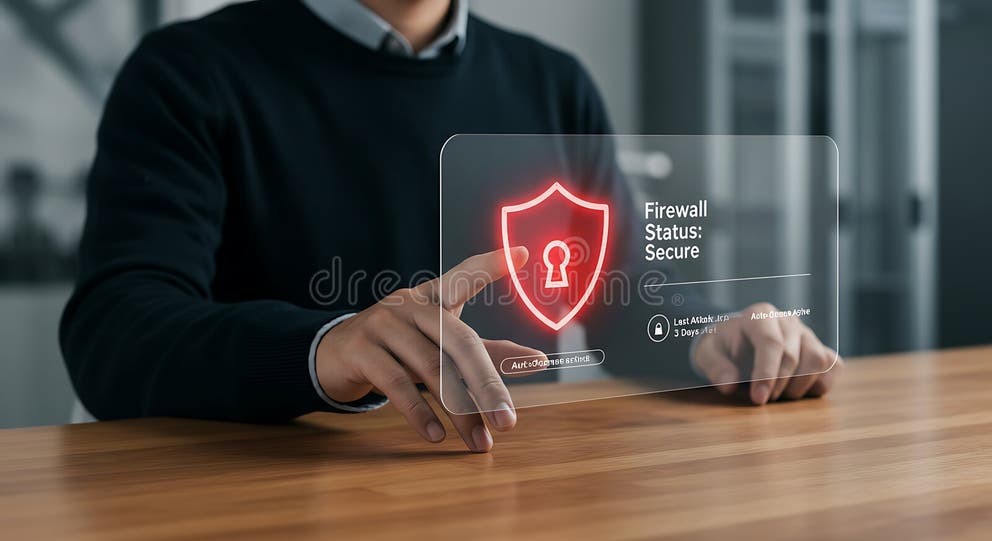 Man Interacting with Firewall Security Interface on Transparent Display ...