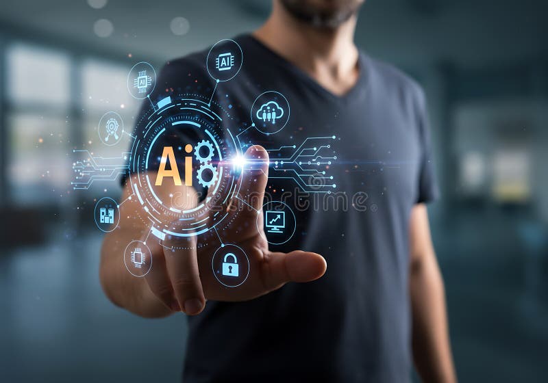 Man Interacting With Futuristic Ai Technology Interface Displaying Advanced Algorithms And Data