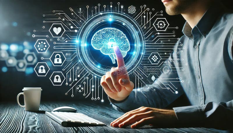 Man Interacting with Futuristic Brain Interface, Dark Background with Tech Details Stock Image ...