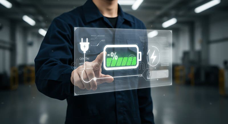 Man Interacting with Futuristic Interface Displaying Battery Charging ...
