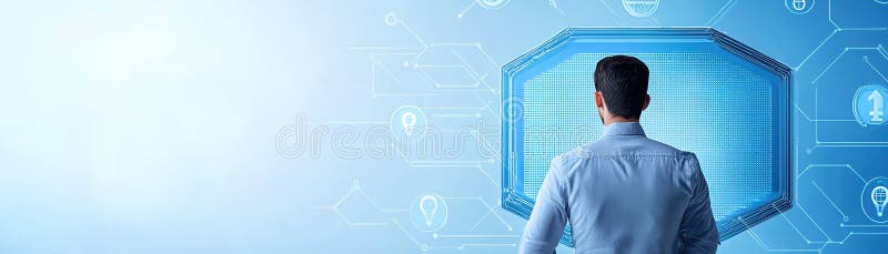 Man Interacting with Futuristic Interface, Exploring Data Visualization and Advanced Control ...