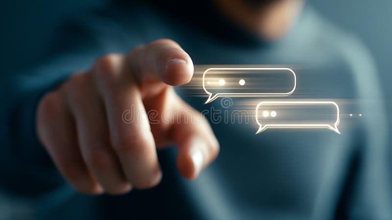 Man Interacting with Glowing Chat Bubbles Symbolizing Communication and ...