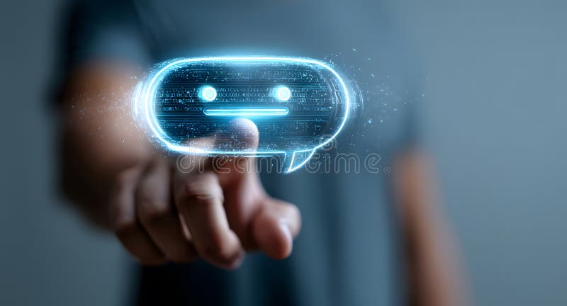 Man Interacting with Glowing Holographic Chatbot Interface Virtual ...