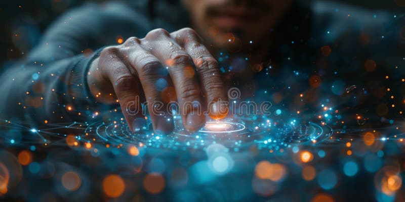A Man is Interacting with a Hightech Display by Pushing a Button Stock ...